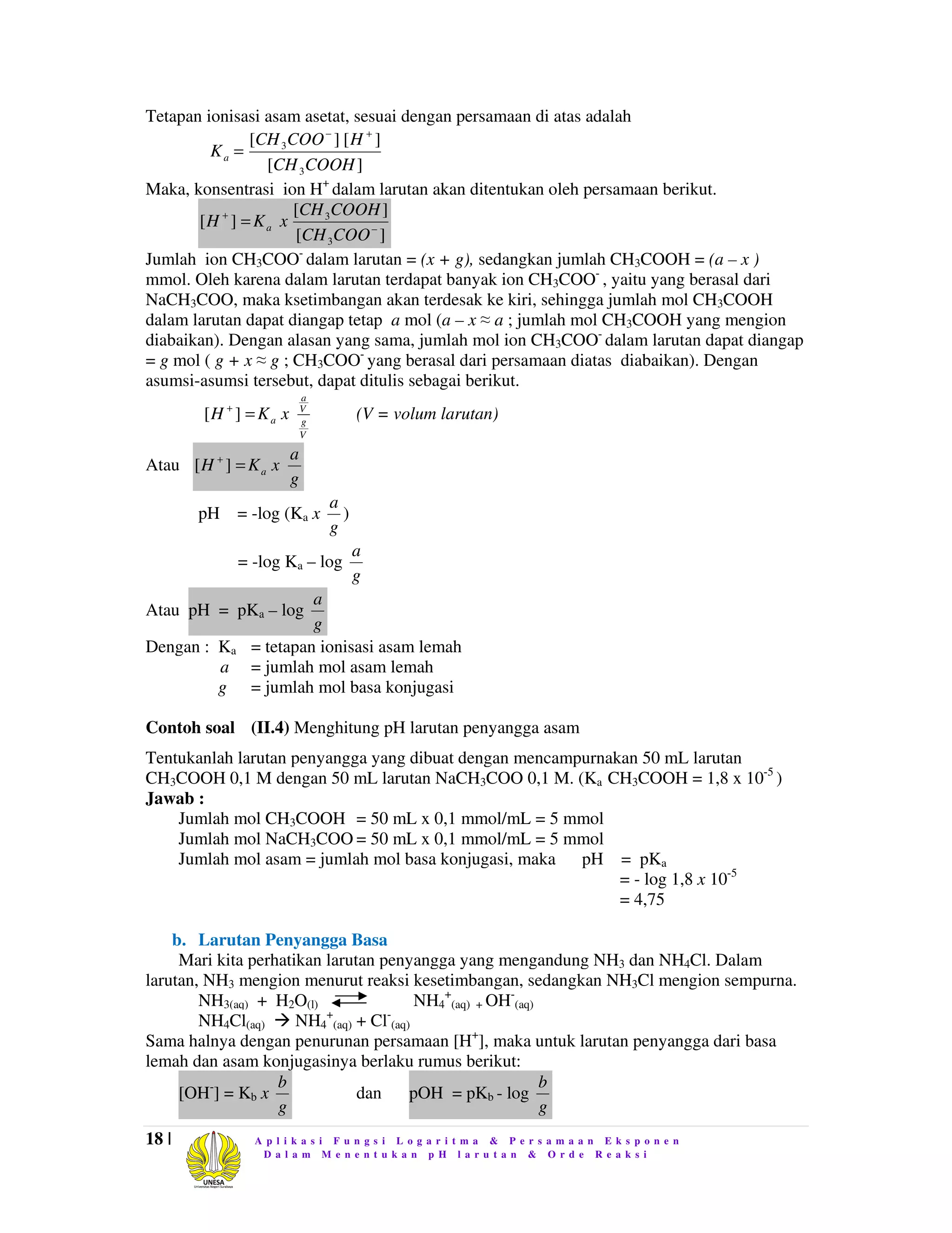 Aplikasi fungsi logaritma dan persamaan eksponen dalam penenttuan p h larutan dan orde reaksi ...