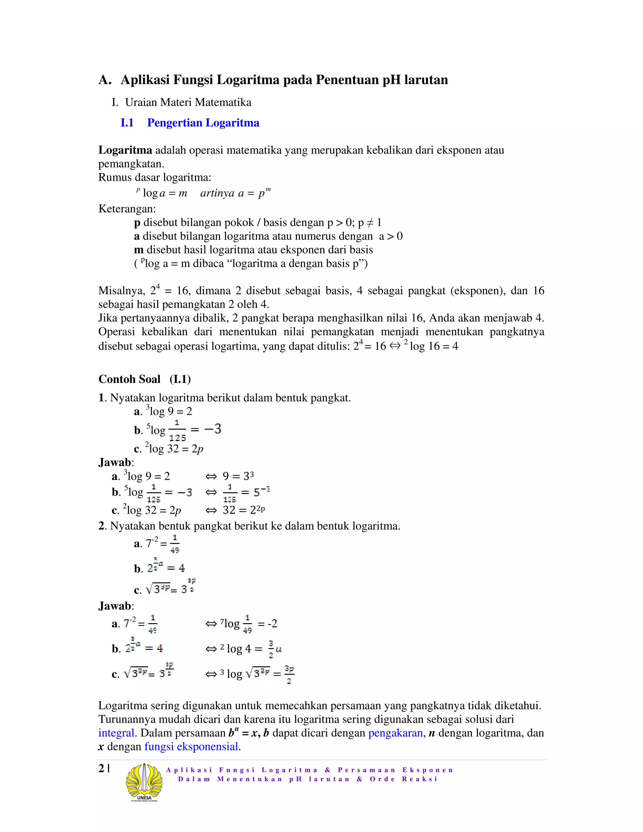 Aplikasi fungsi logaritma dan persamaan eksponen dalam penenttuan p h larutan dan orde reaksi ...