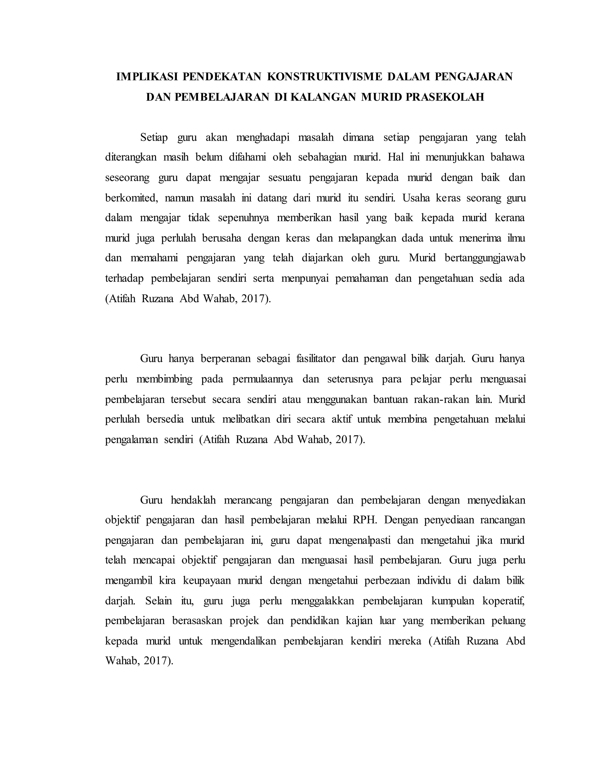 Aplikasi pendekatan konstruktivisme dalam kalangan murid prasekolah | DOCX