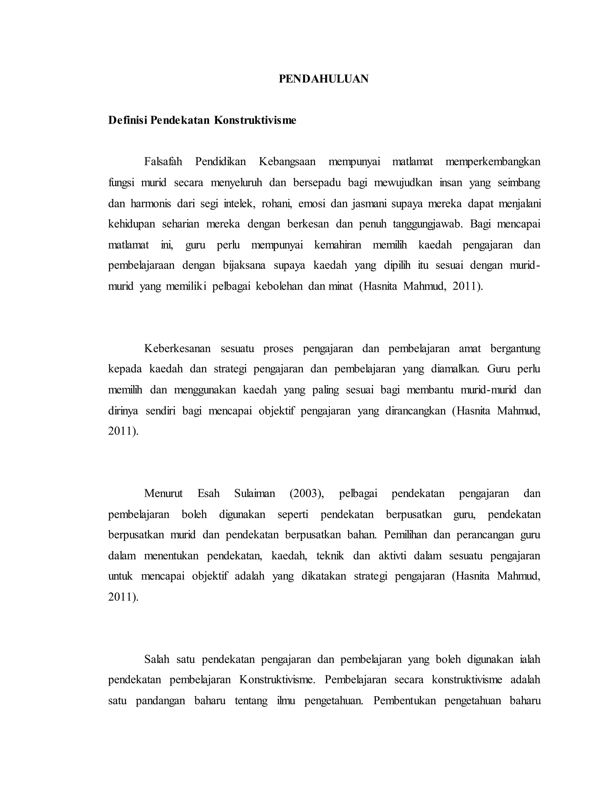 Aplikasi pendekatan konstruktivisme dalam kalangan murid prasekolah | DOCX