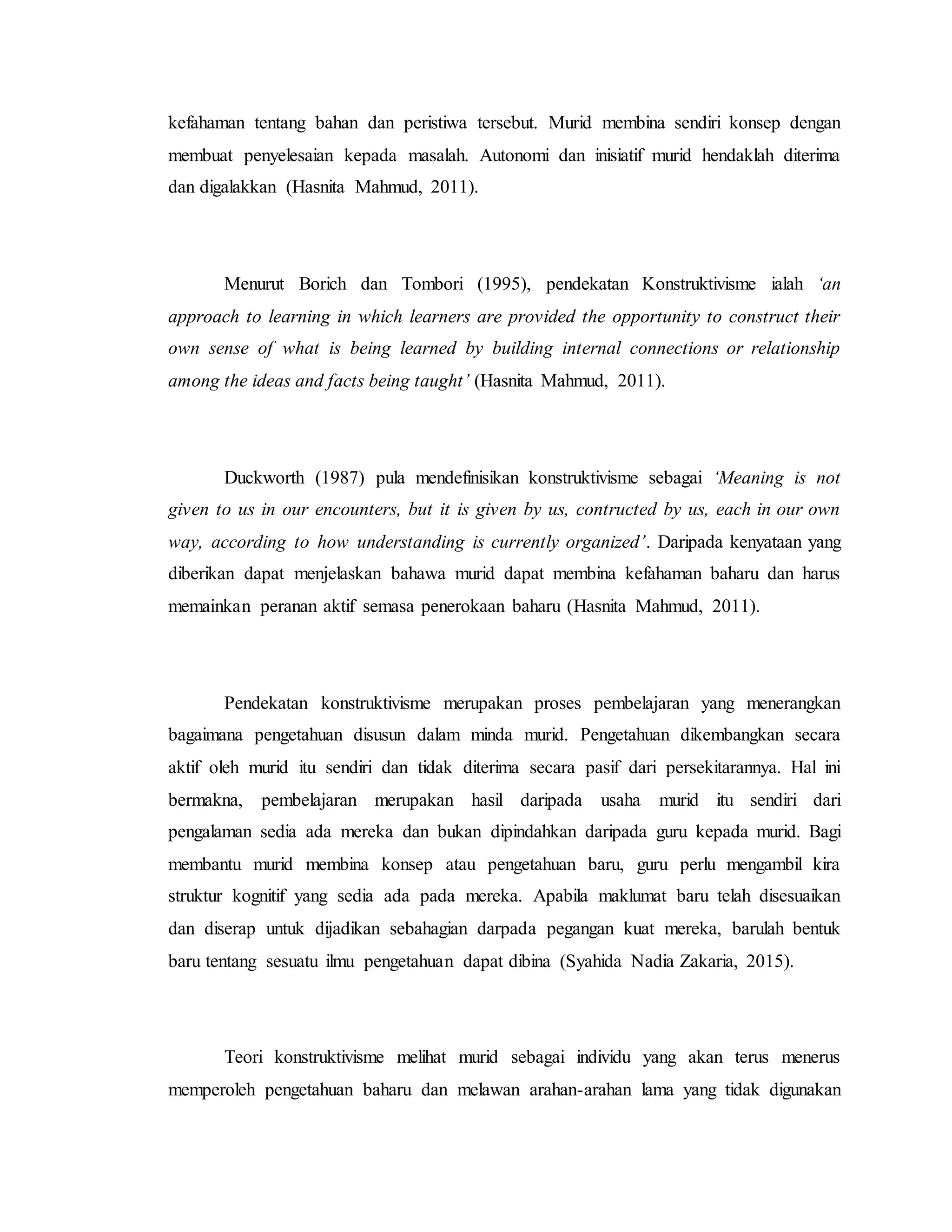Aplikasi pendekatan konstruktivisme dalam kalangan murid prasekolah | DOCX
