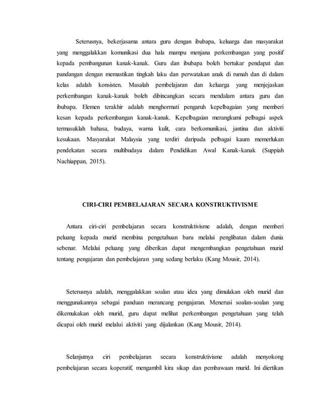 Aplikasi pendekatan konstruktivisme dalam kalangan murid prasekolah | DOCX