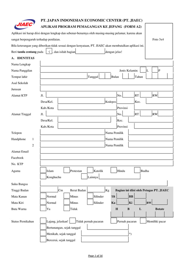 Aplikasi program pemagangan ke jepang pt. jiaec (rev. januari 2018) | PDF