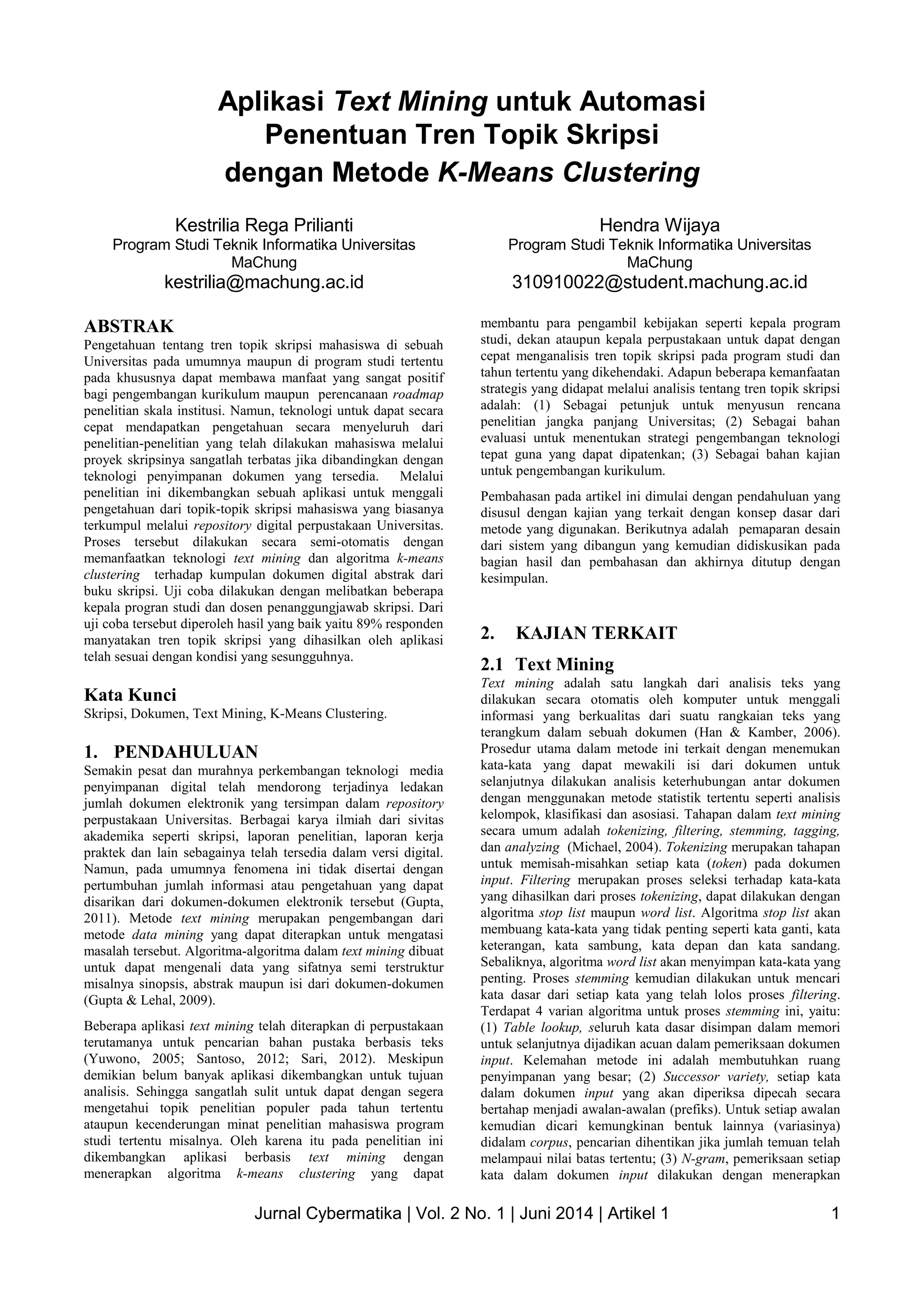 Aplikasi text mining untuk automasi penentuan tren topik skripsi dengan ...