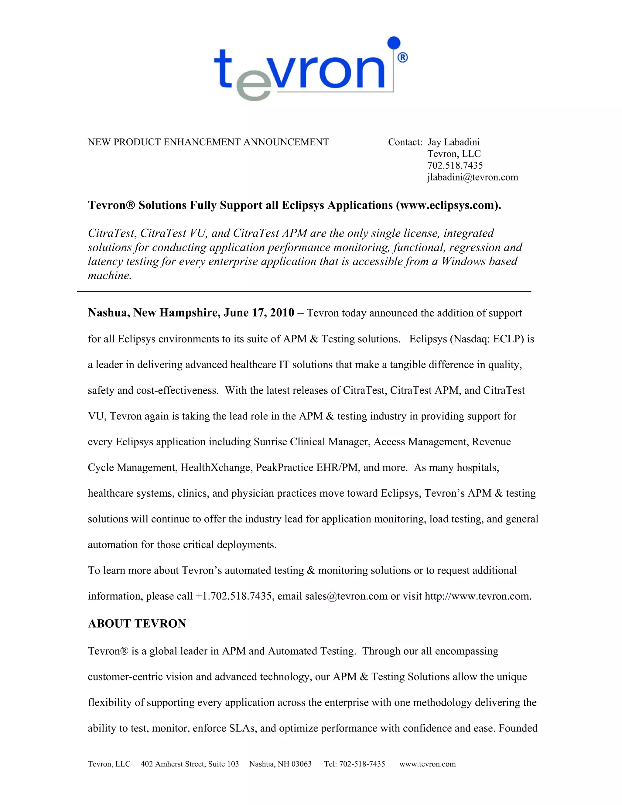 APM Solutions for all Eclipsys Applications by Tevron | PDF