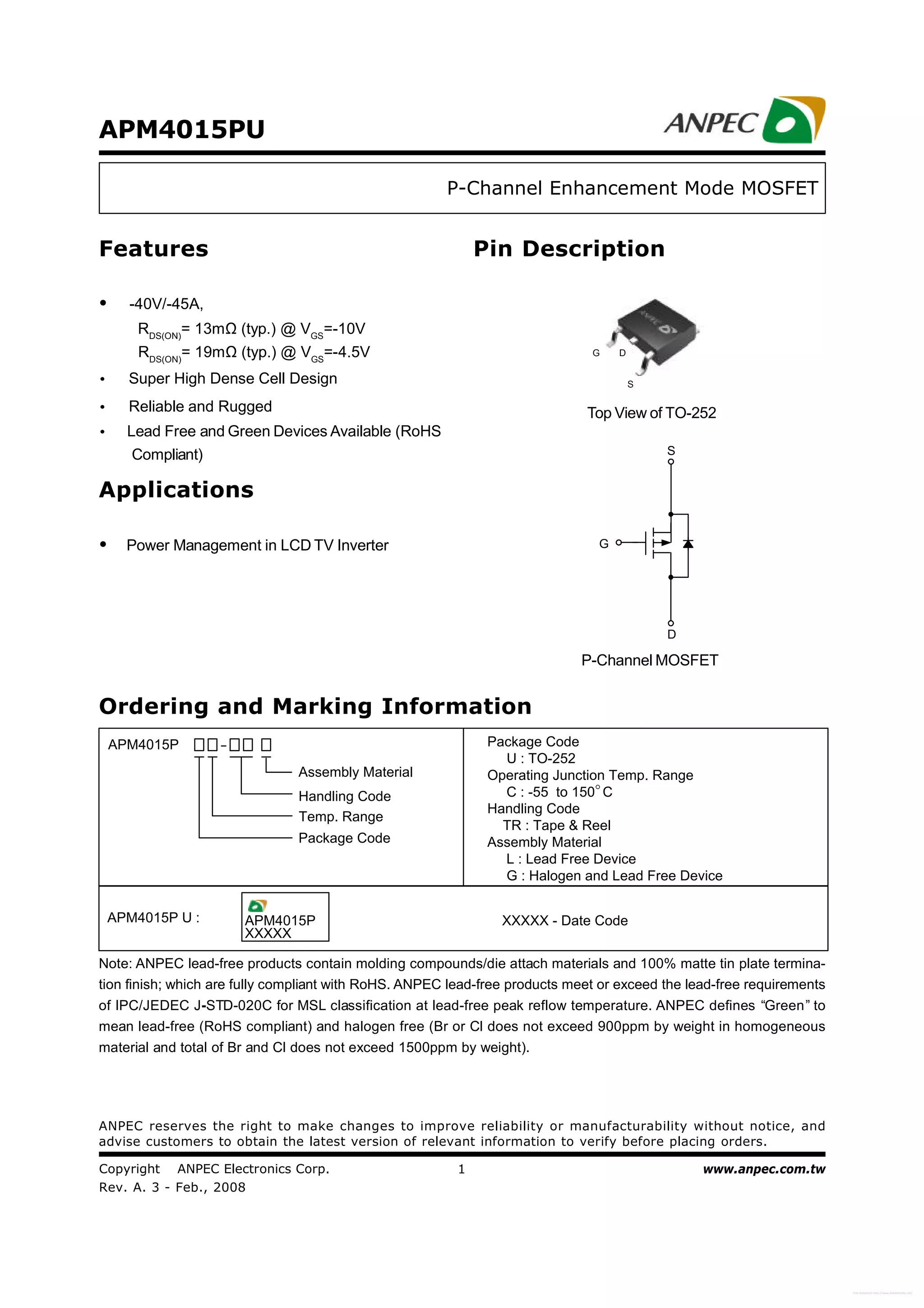 Original P-Channel Mosfet APM4015P APM4015 4015 TO-252 New ANPEC | PDF