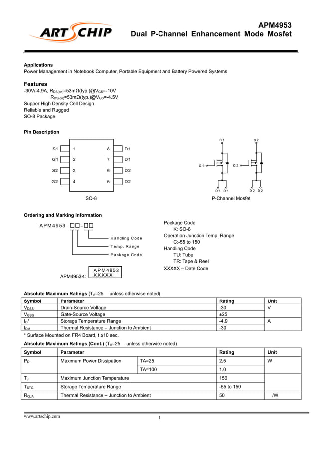 Original P-Channel Mosfet APM4953 4953 25V 4.9A SOP-8 New Artschip ...