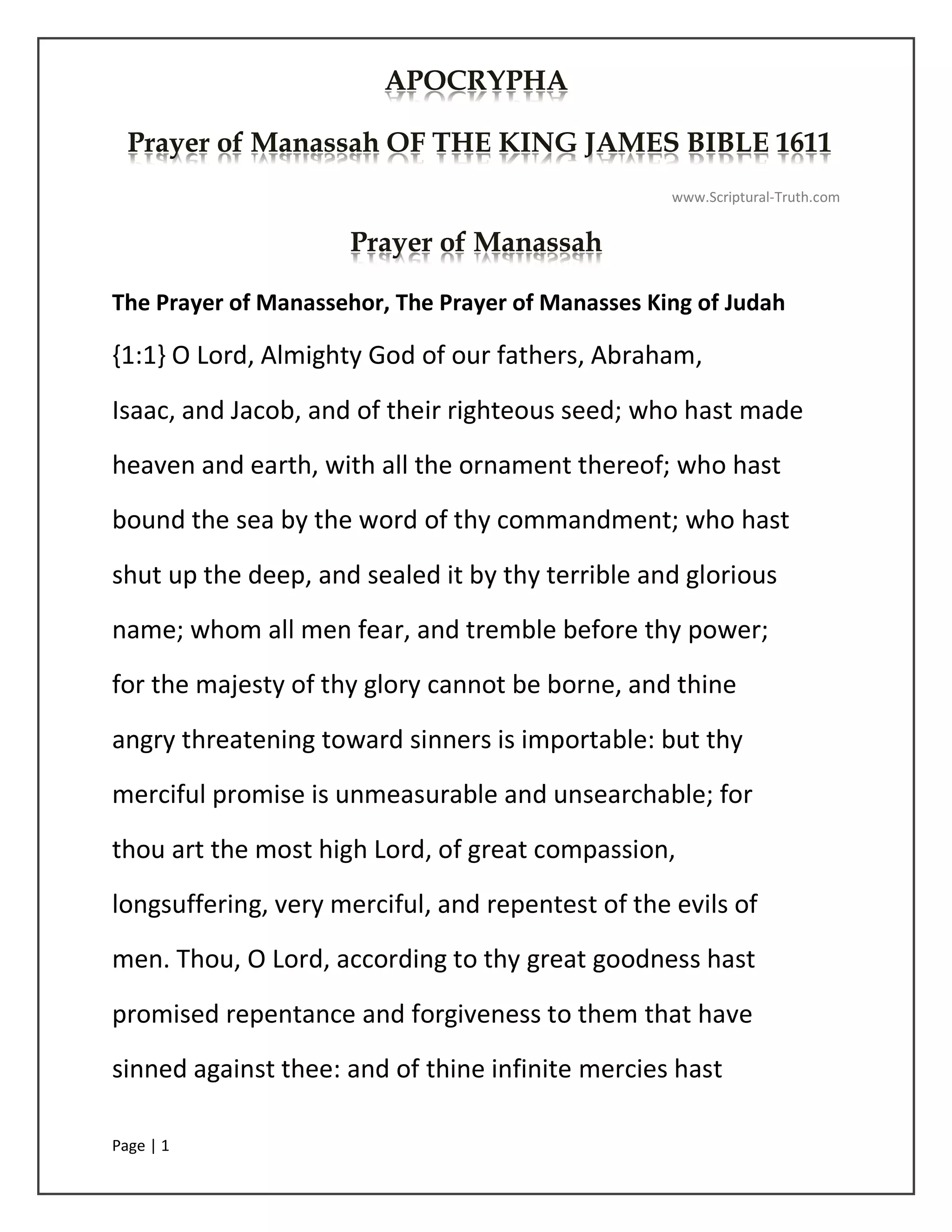 Apocrypha prayer of manassah of the king james bible 1611 | PDF