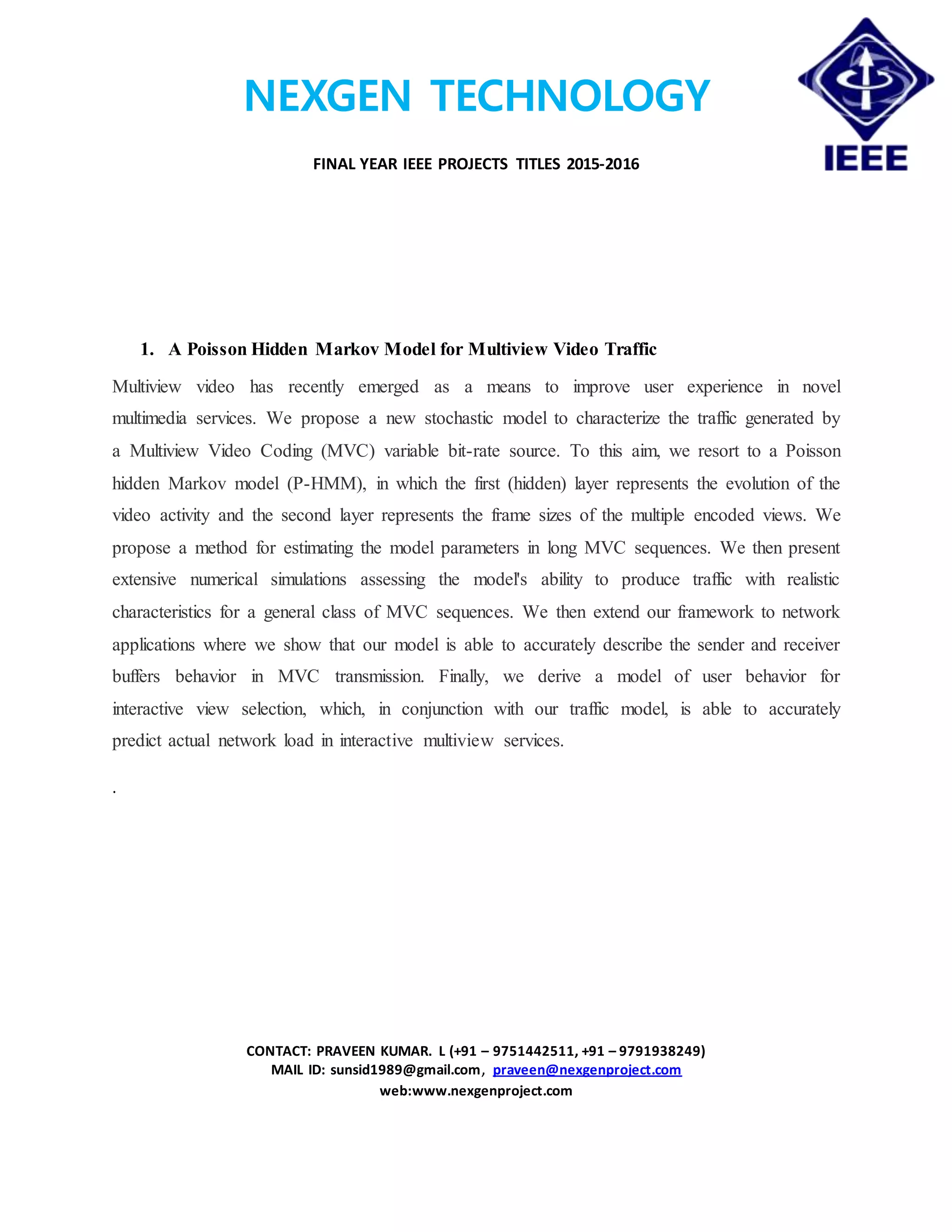 A Poisson Hidden Markov Model for Multiview Video Traffic | PDF