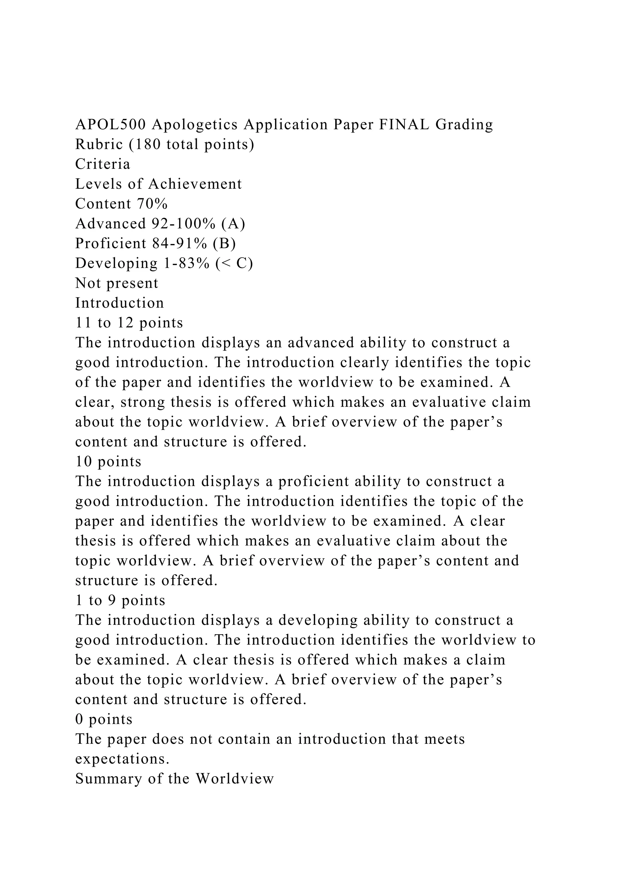 APOL500 Apologetics Application Paper FINAL Grading Rubric (180 to.docx ...