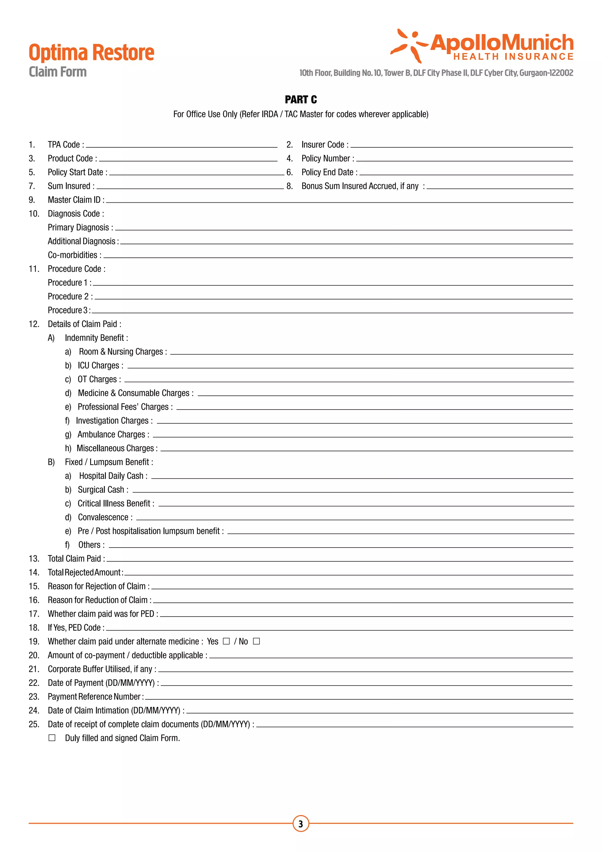 Apollo Munich Optima Restore Claim Form | PDF