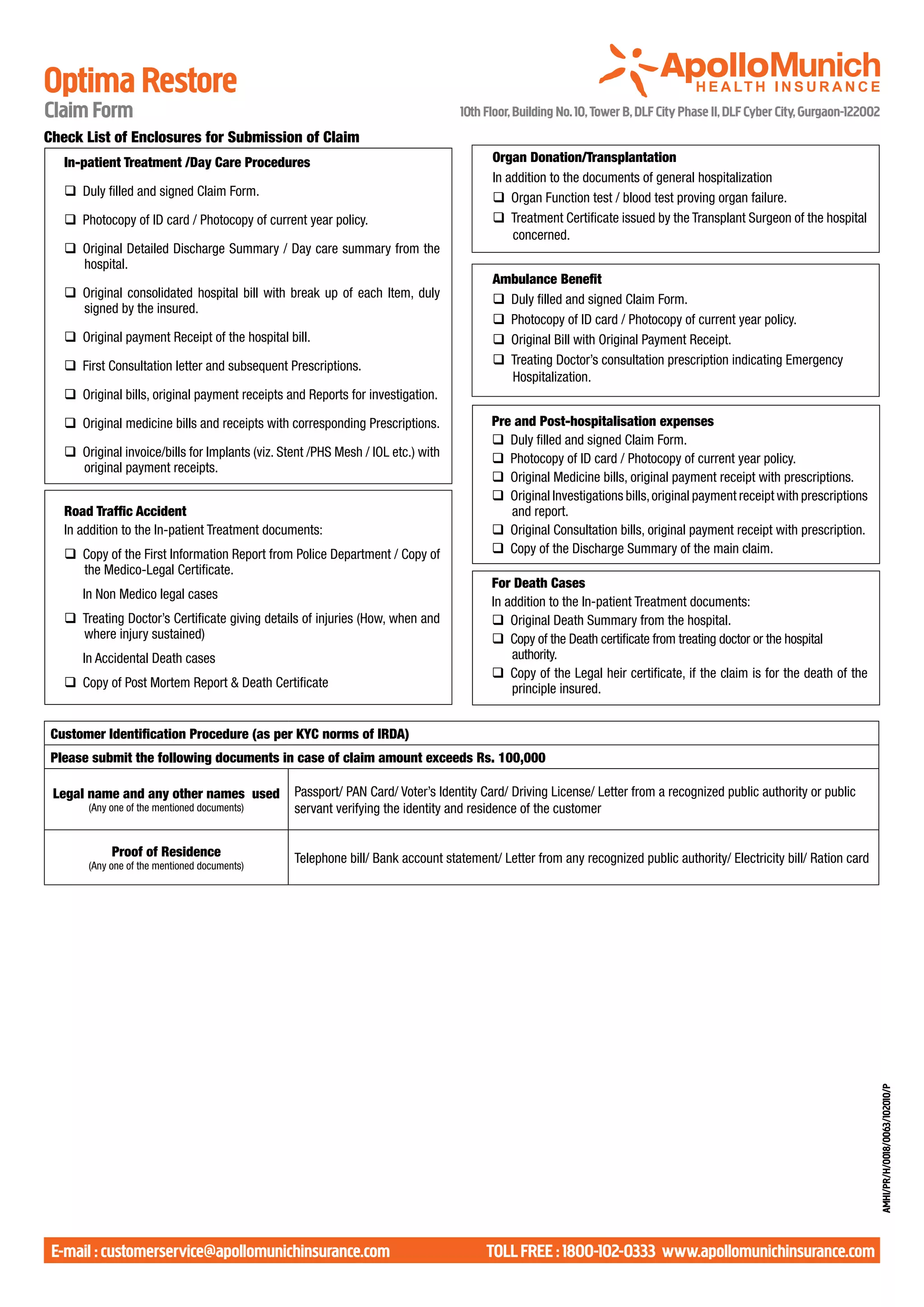 Apollo Munich Optima Restore Claim Form | PDF