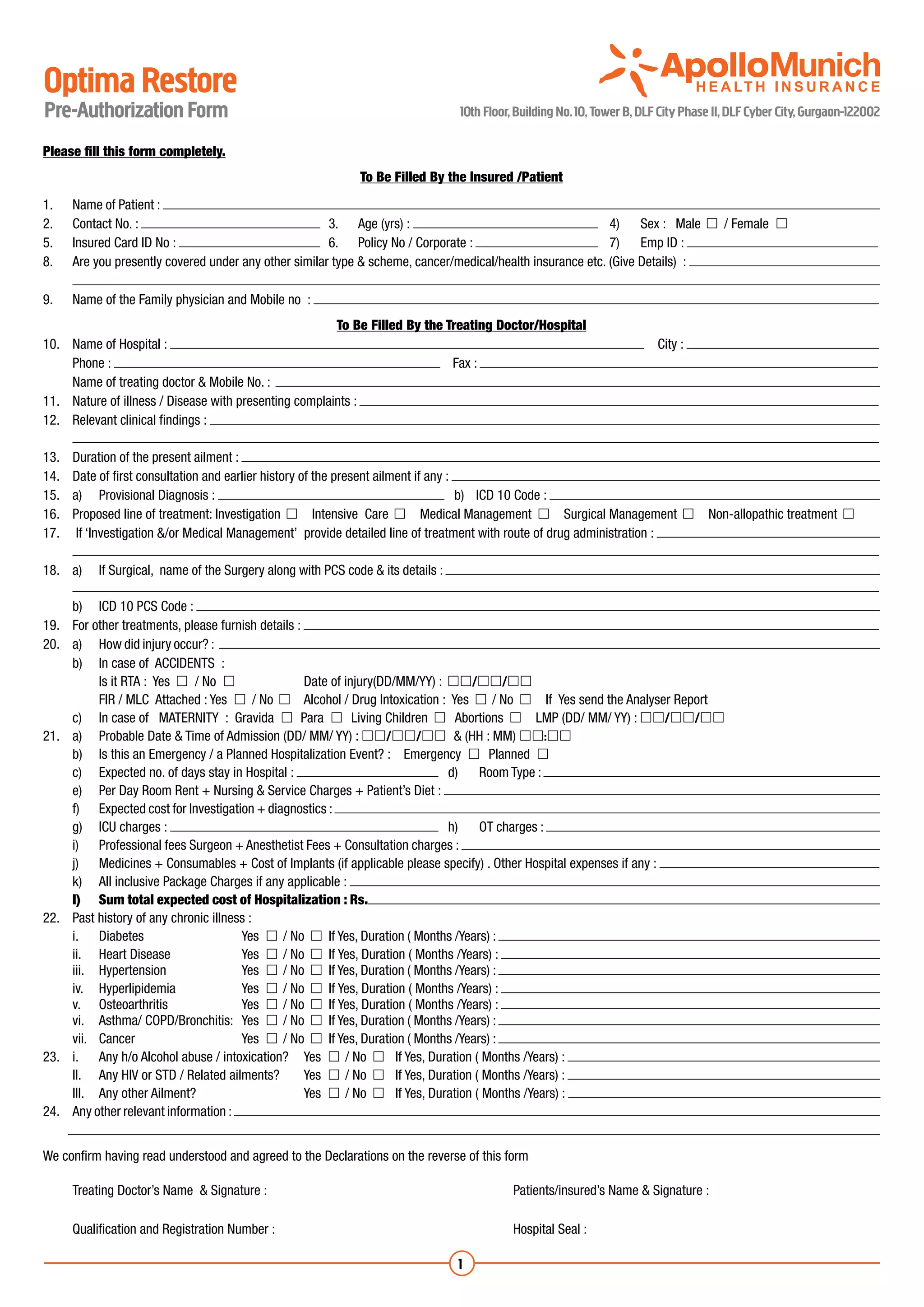 Apollo Munich Optima Restore Pre Auth Form | PDF