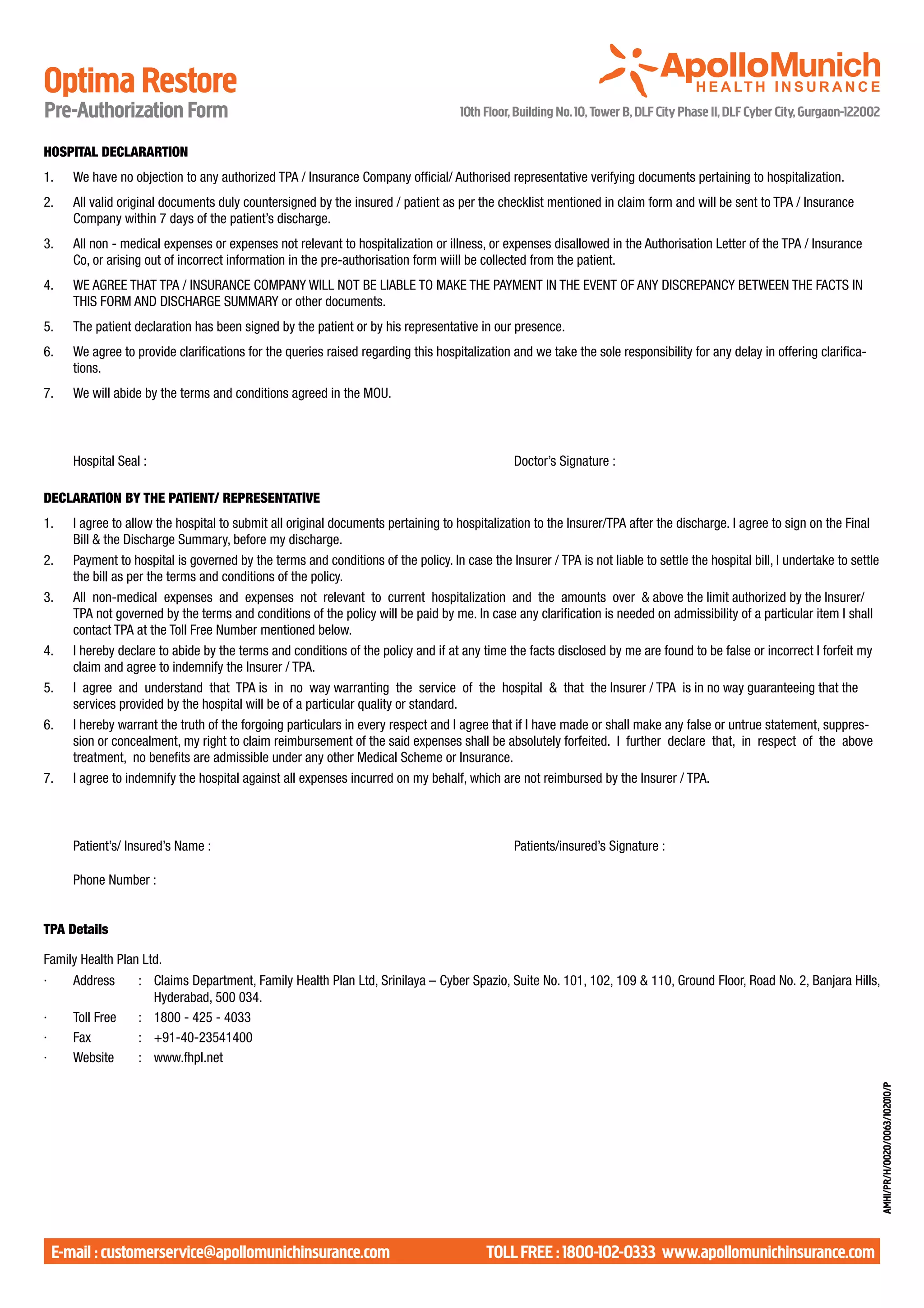 Apollo Munich Optima Restore Pre Auth Form | PDF