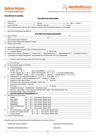 Apollo Munich Optima Restore Pre Auth Form | PDF