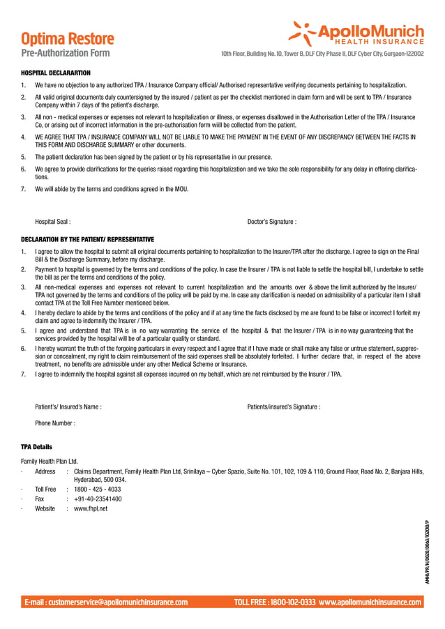 Apollo Munich Optima Restore Pre Auth Form | PDF