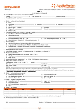Apollo Munich Optima Senior Claim Form | PDF