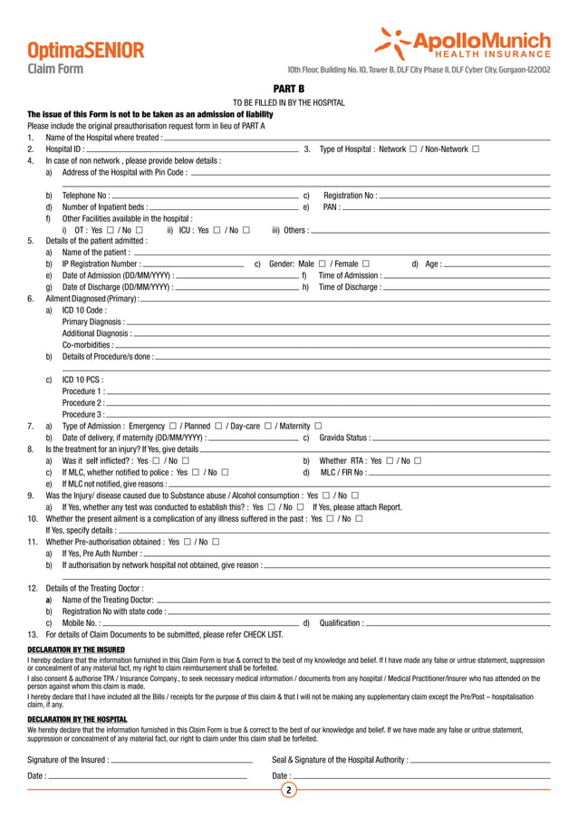 Apollo Munich Optima Senior Claim Form | PDF