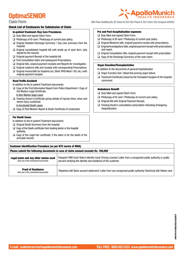 Apollo Munich Optima Senior Claim Form | PDF