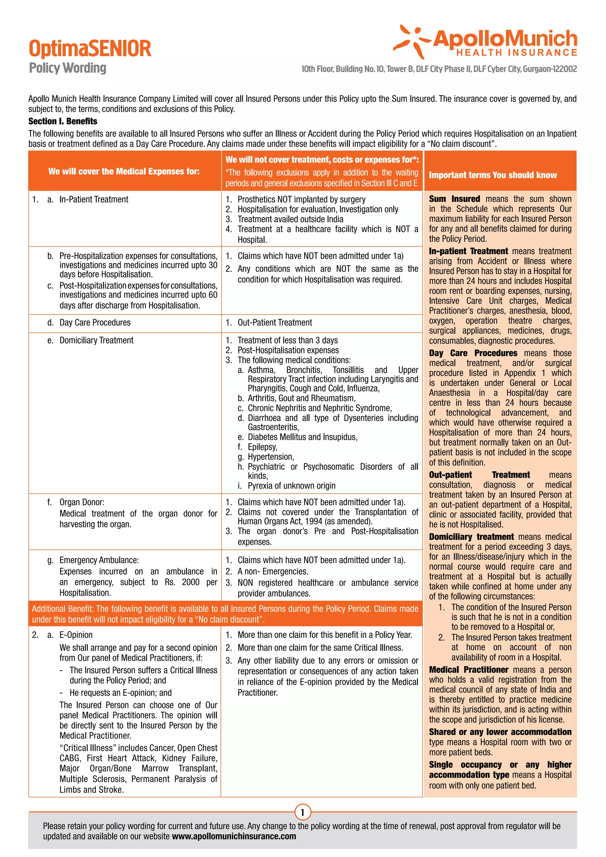 Apollo Munich Optima Senior Policy Wording | PDF