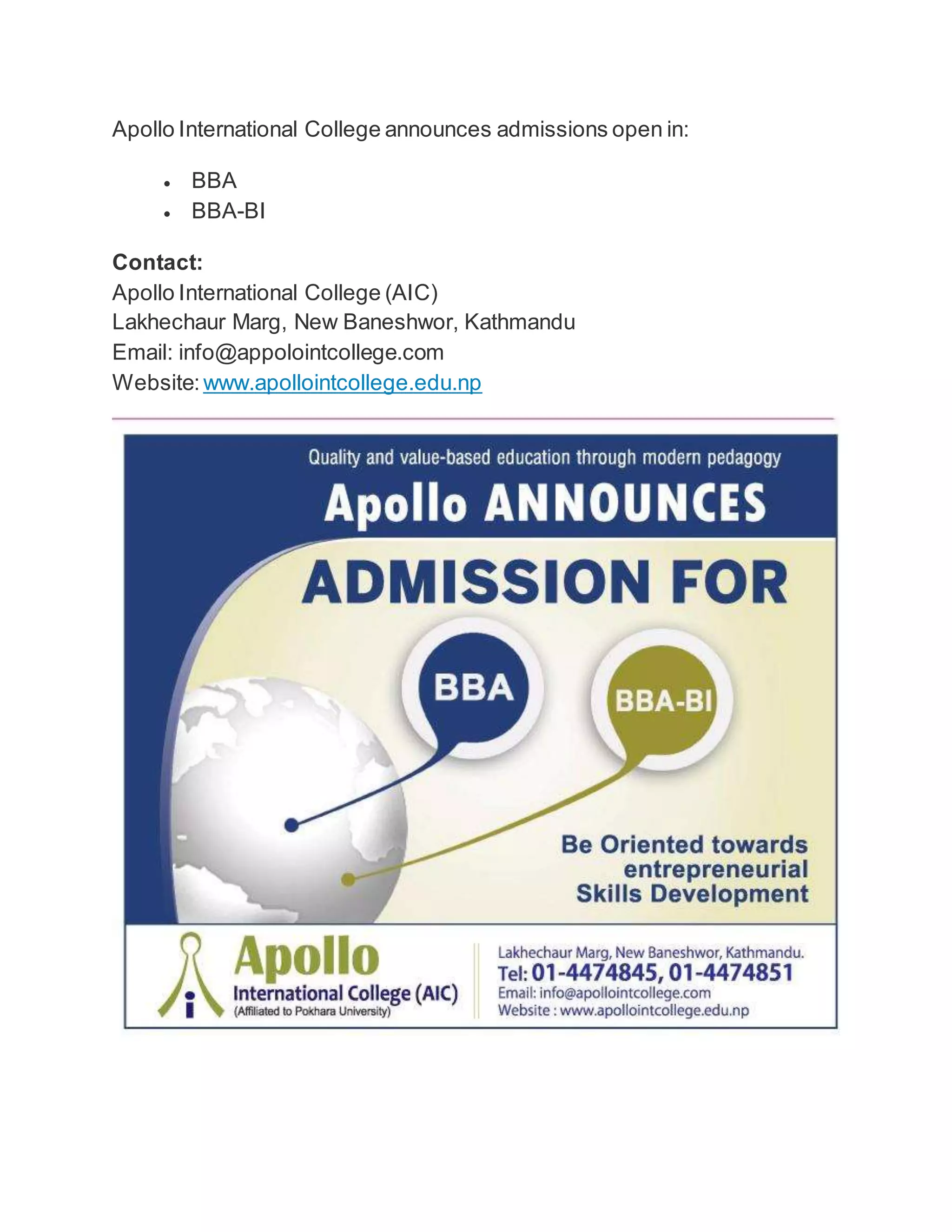 Apollo International College calls for admission in BBA and BBA-BI | PDF