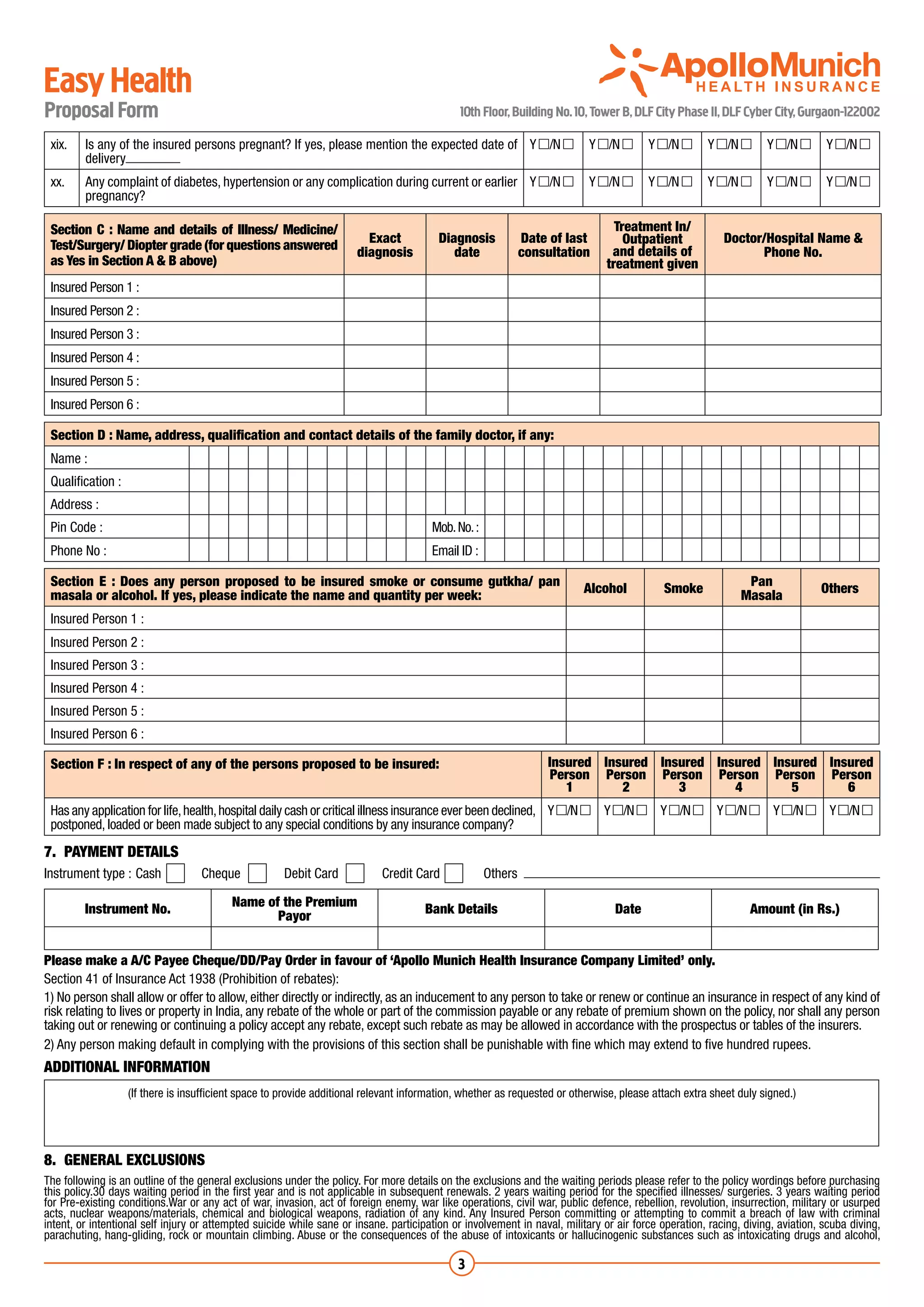 Apollo Munich Easy Health Insurance Proposal Form | PDF