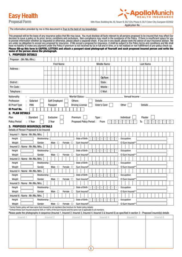 Apollo Munich Easy Health Insurance Proposal Form | PDF