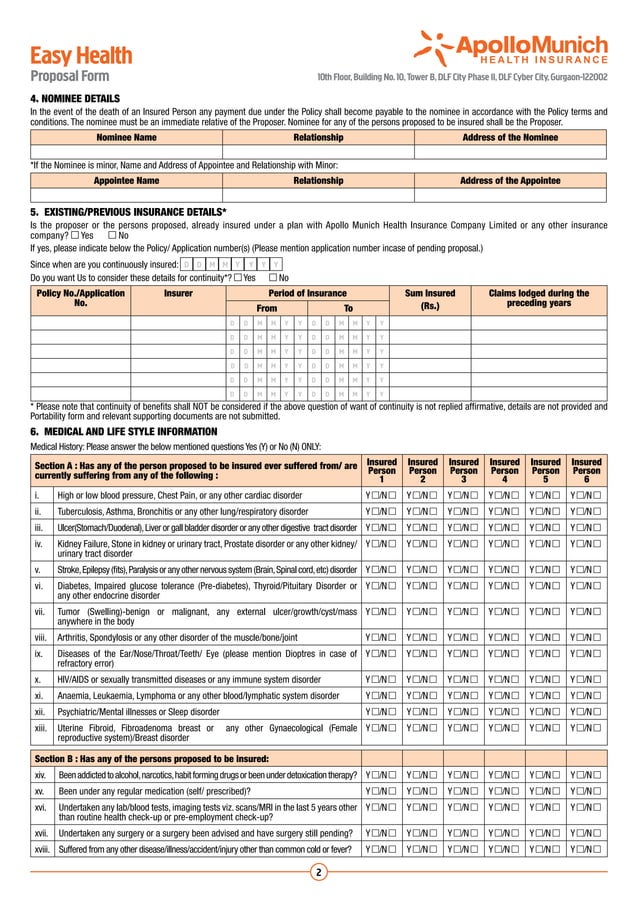 Apollo Munich Easy Health Insurance Proposal Form | PDF