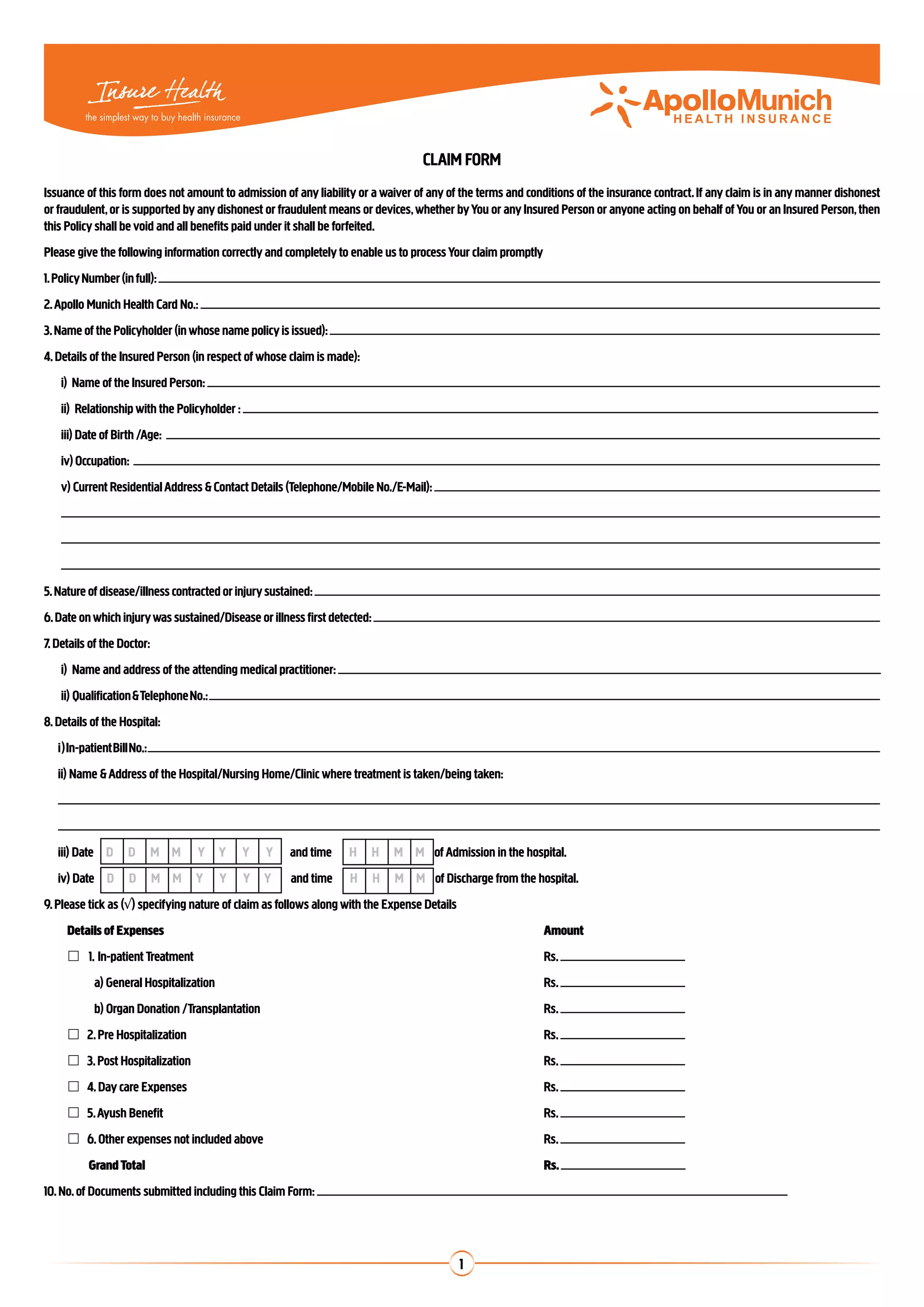 Apollo Munich Insure Health Claim Form | PDF