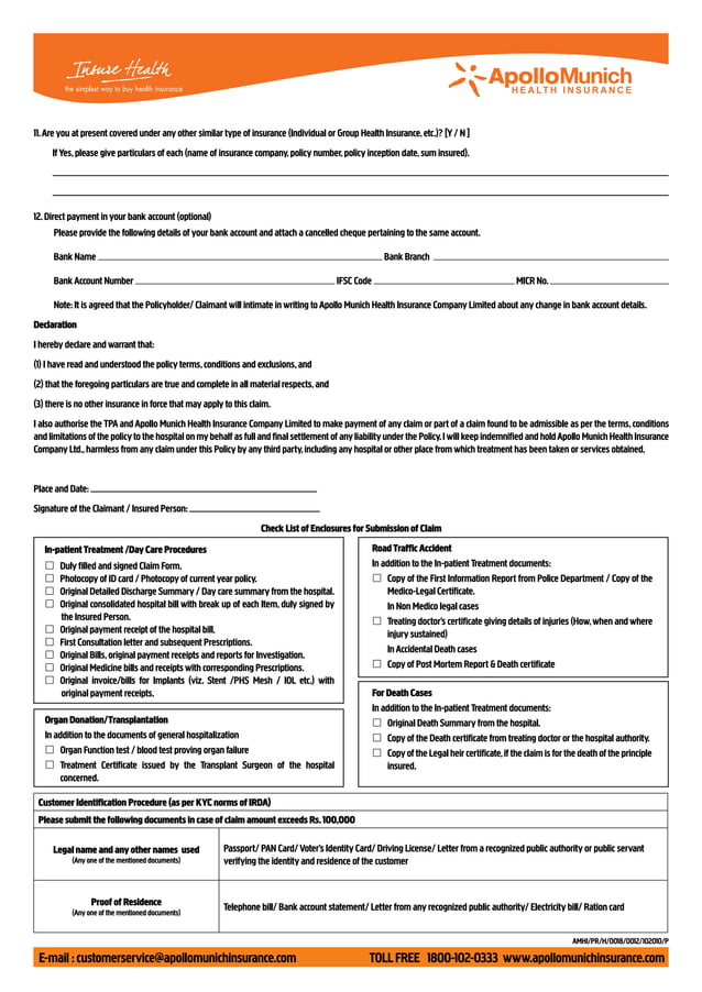 Apollo Munich Insure Health Claim Form | PDF
