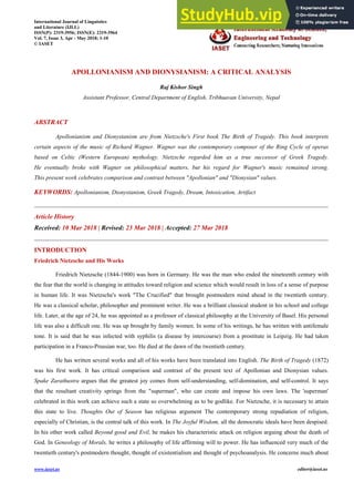 APOLLONIANISM AND DIONYSIANISM A CRITICAL ANALYSIS | PDF