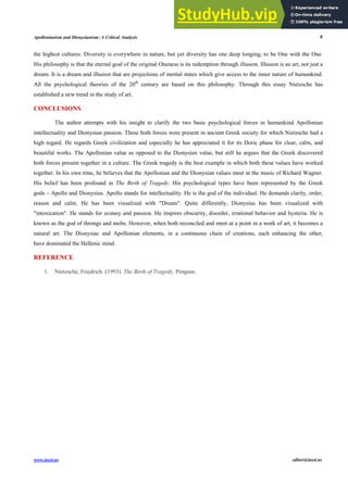 APOLLONIANISM AND DIONYSIANISM A CRITICAL ANALYSIS | PDF