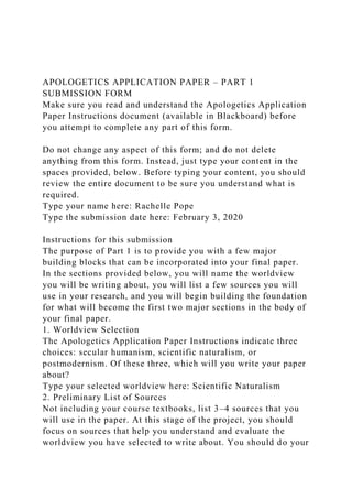 APOLOGETICS APPLICATION PAPER – PART 1 SUBMISSION FORMMake sur.docx ...