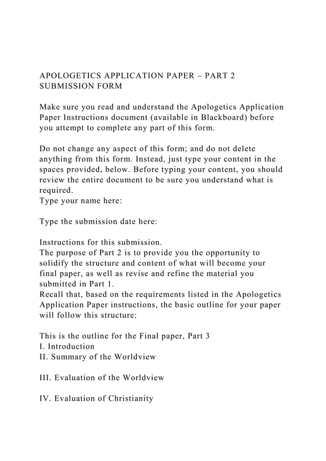 APOLOGETICS APPLICATION PAPER – PART 2 SUBMISSION FORMMake s.docx