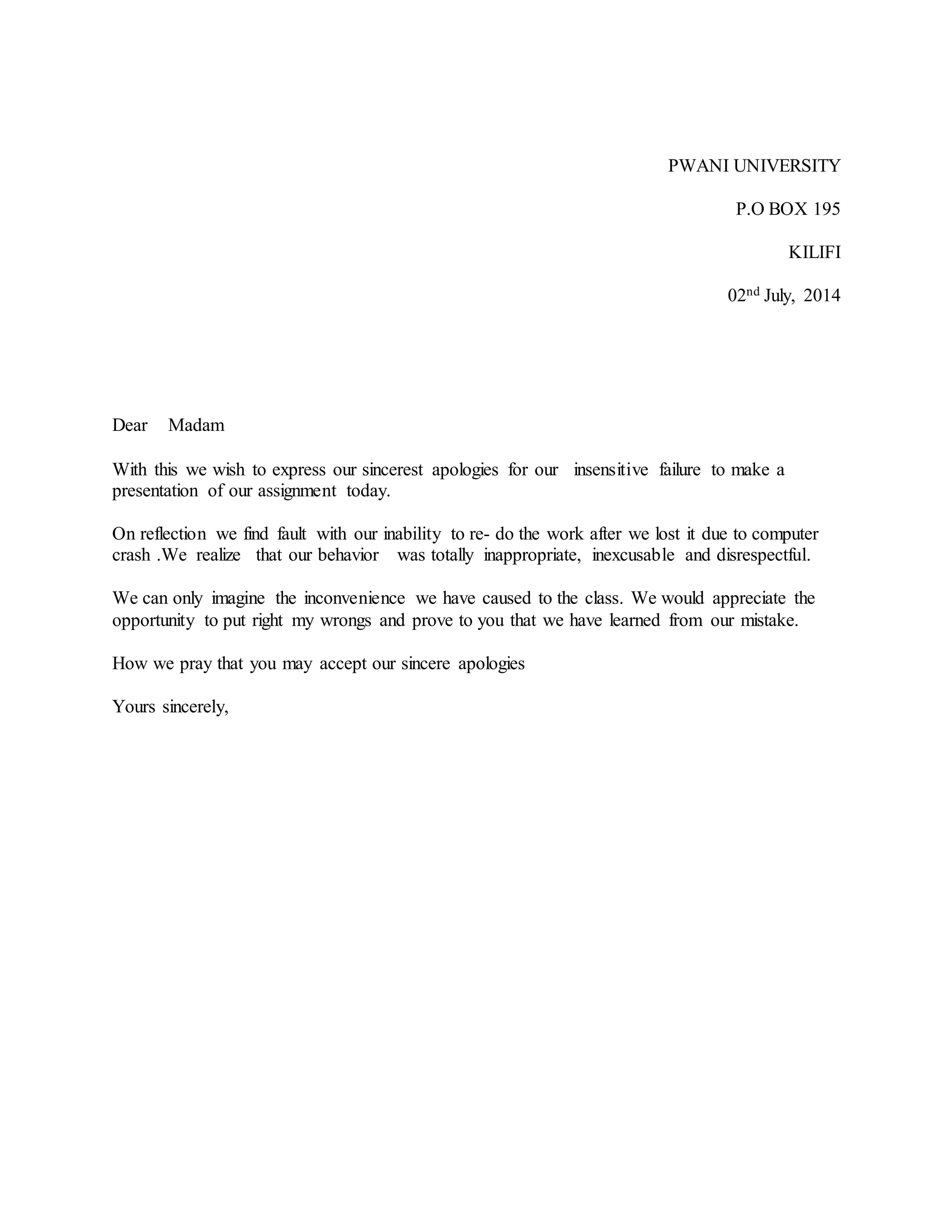 APOLOGY LETTER. ODHIAMBO BERRIC(PWANI UNIVERSITY) | DOCX