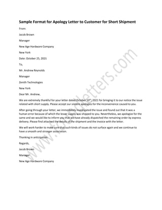 Apology Letter Format to customer for Short shipment | PDF