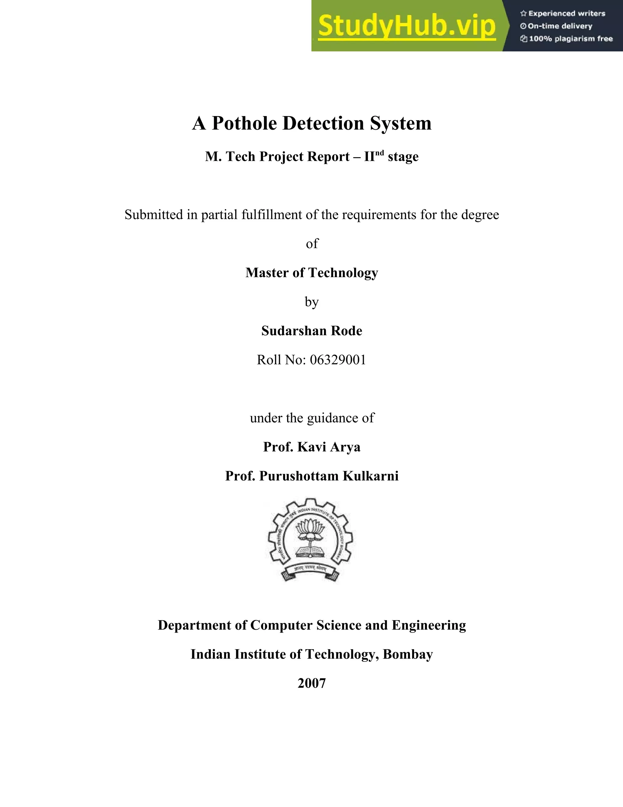A Pothole Detection System M. Tech Project Report II Nd Stage | PDF