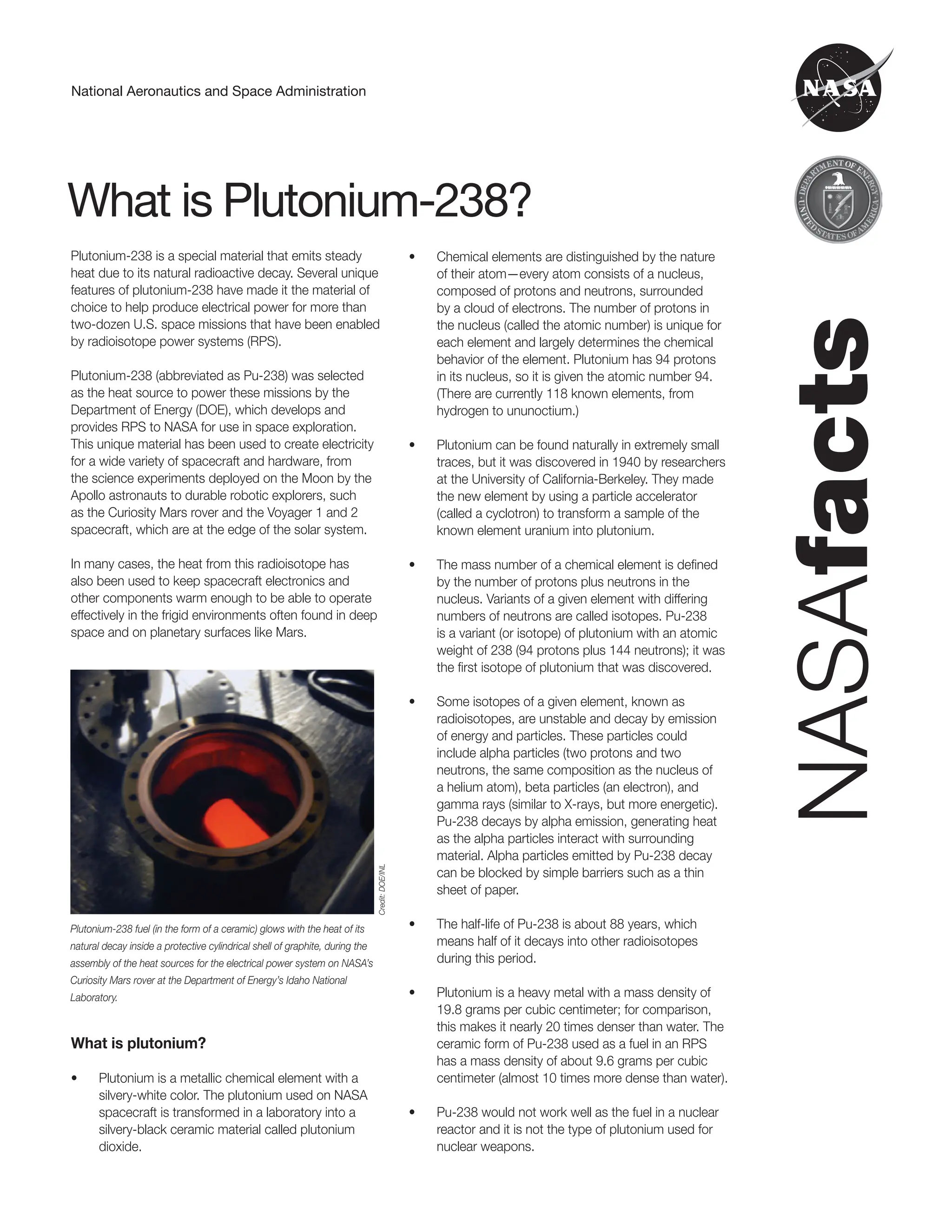 RPS (Radioisotope Power Systems )to NASA for use in space exploration ...