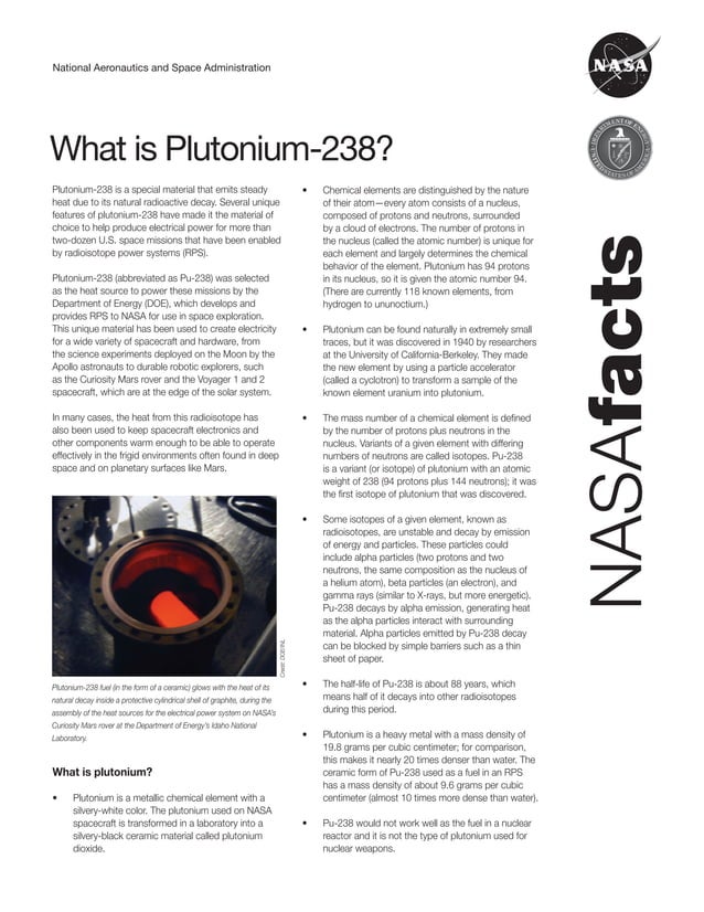 RPS (Radioisotope Power Systems )to NASA for use in space exploration ...