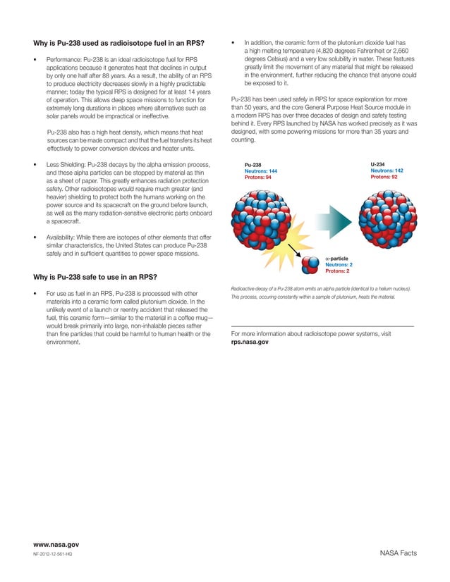 RPS (Radioisotope Power Systems )to NASA for use in space exploration ...