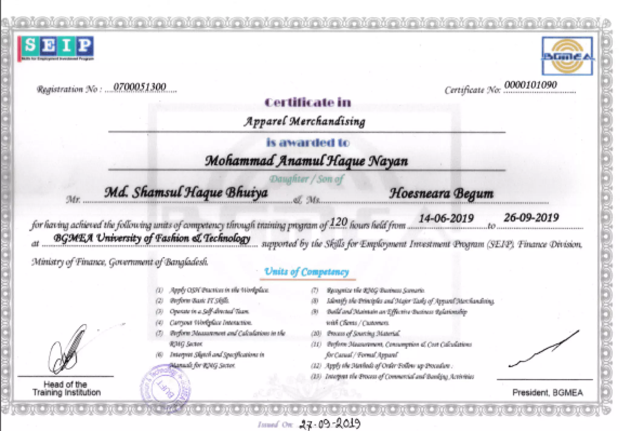 120 hours Training Certificate based on Apparel Merchandising | PDF