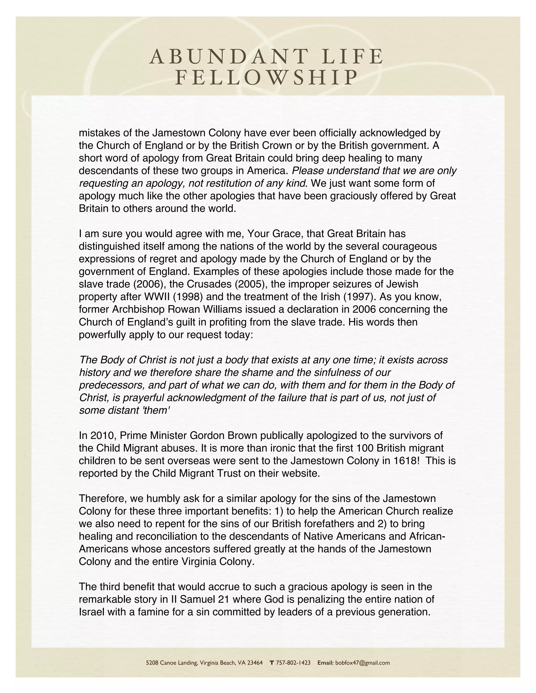 Appeal to the Archbishop of Canterbury for an Apology for the Sins of ...