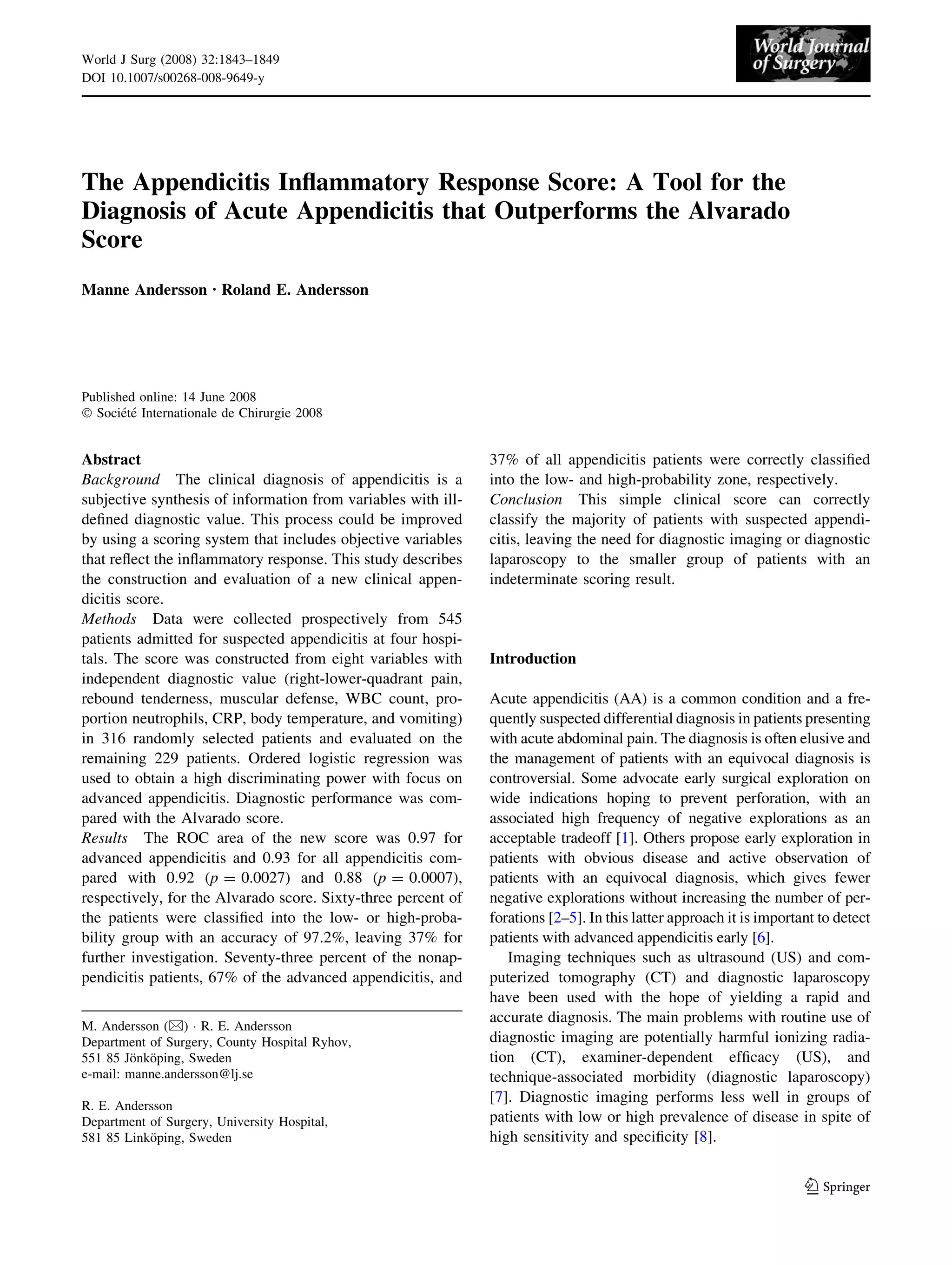 Appendicitis score | PDF