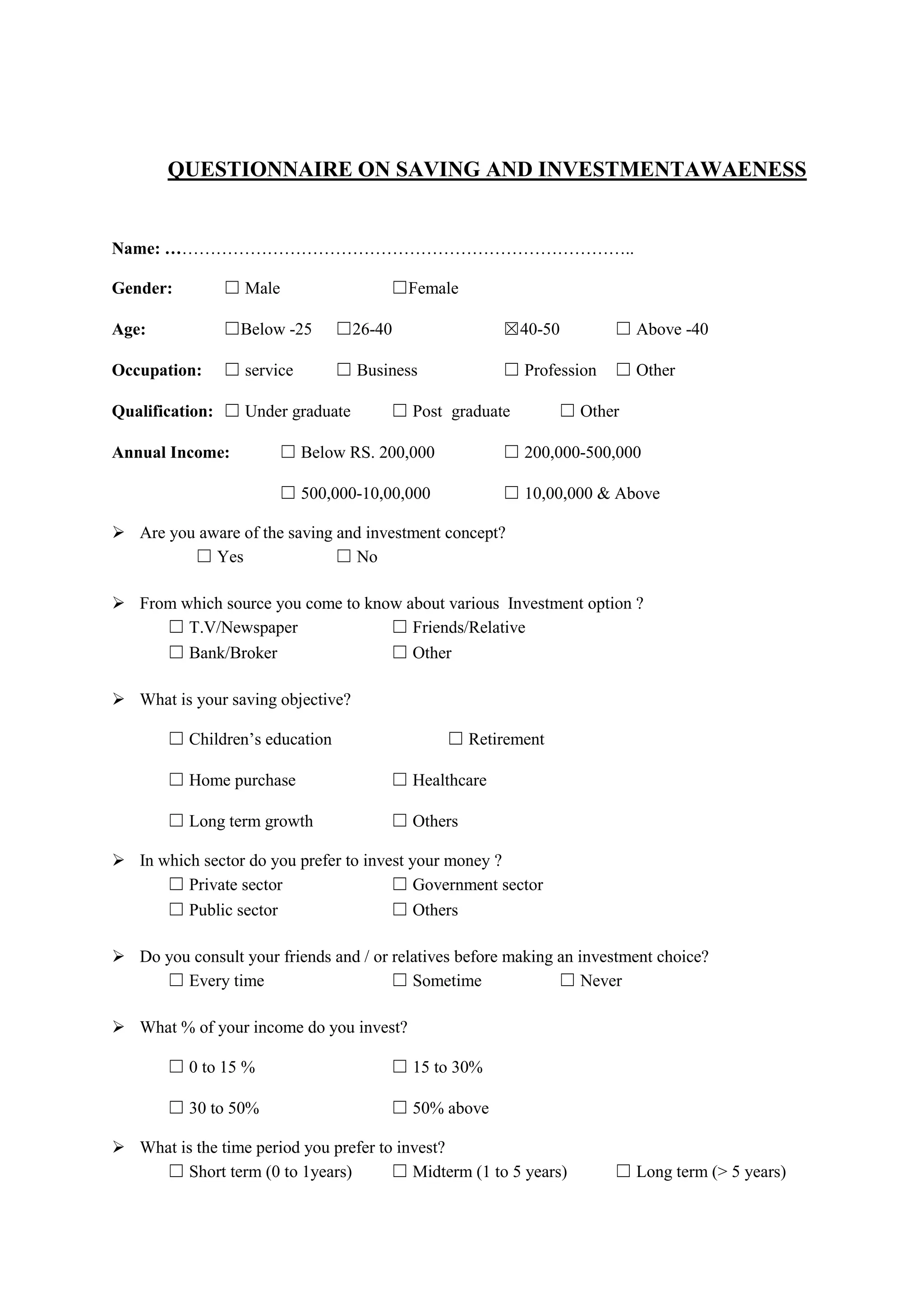 questionnaire on saving and investment awareness in people | PDF