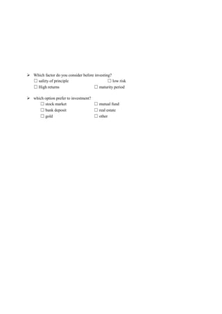 questionnaire on saving and investment awareness in people | PDF