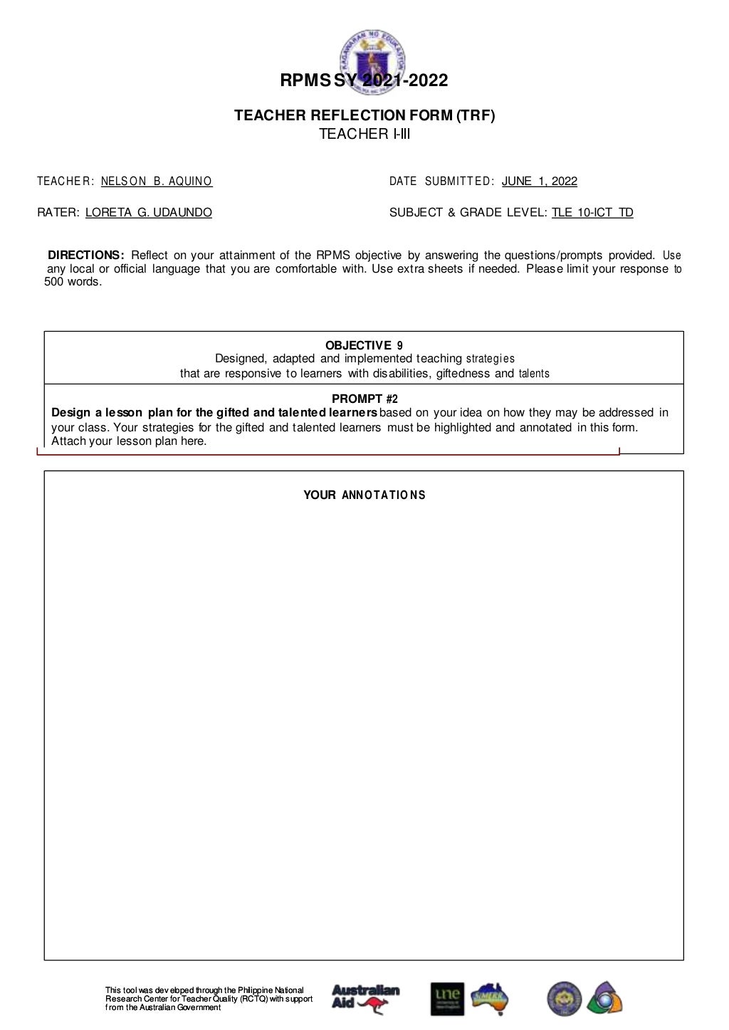 Appendix-4A-Teacher-Reflection-Form-for-T-I-III-for-RPMS-SY-2021-2022 ...