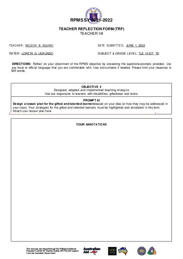 Appendix-4A-Teacher-Reflection-Form-for-T-I-III-for-RPMS-SY-2021-2022 ...