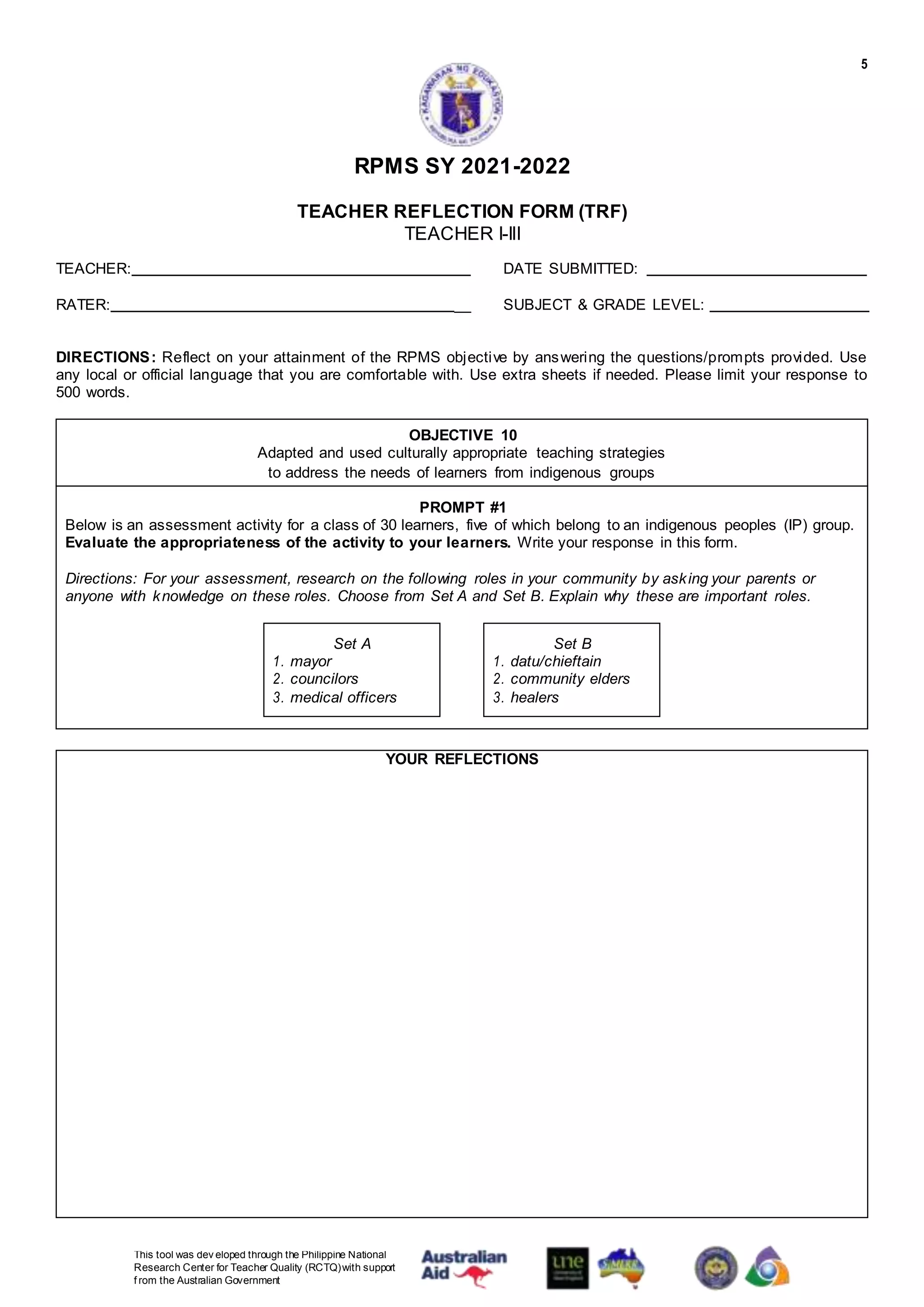 Appendix 4 a-teacher-reflection-form-for-t-i-iii-for-rpms-sy-2021-2022 ...