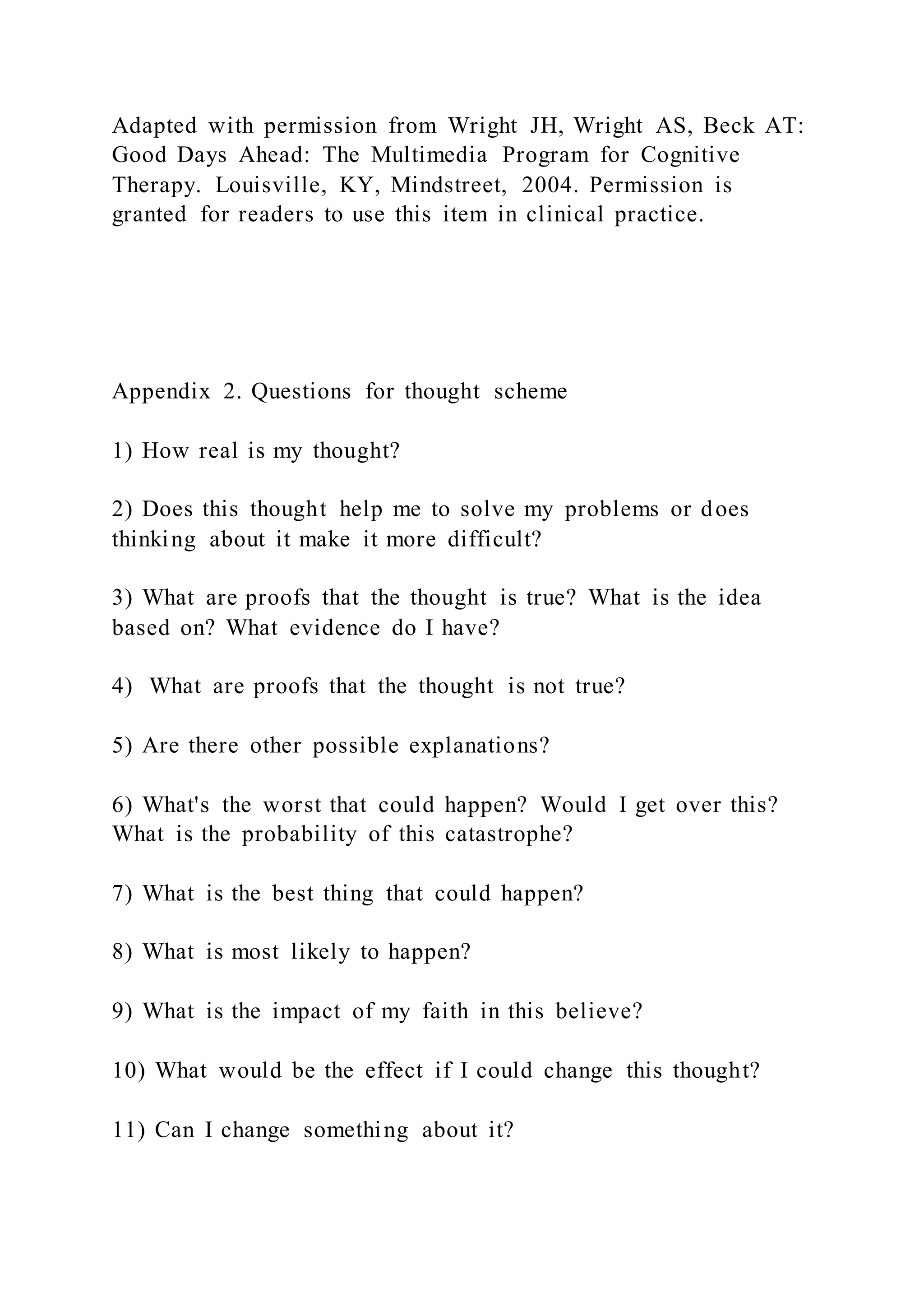 Appendix 1 automatic thoughts checklist instructions place | DOCX | Science