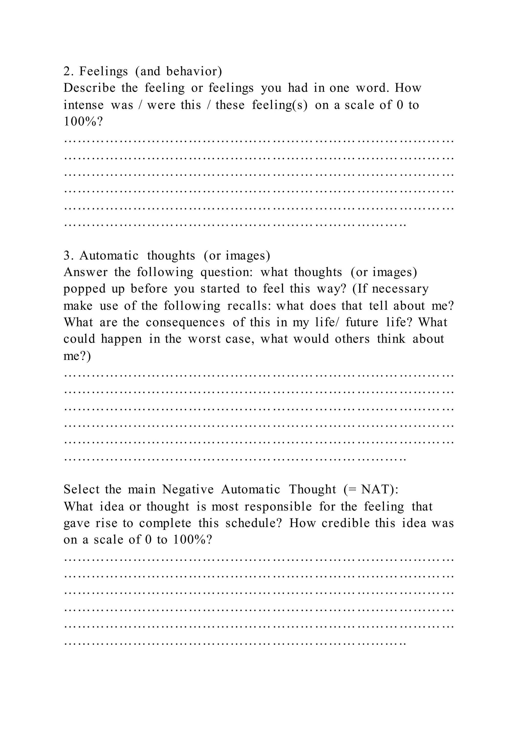 Appendix 1 automatic thoughts checklist instructions place | DOCX | Science
